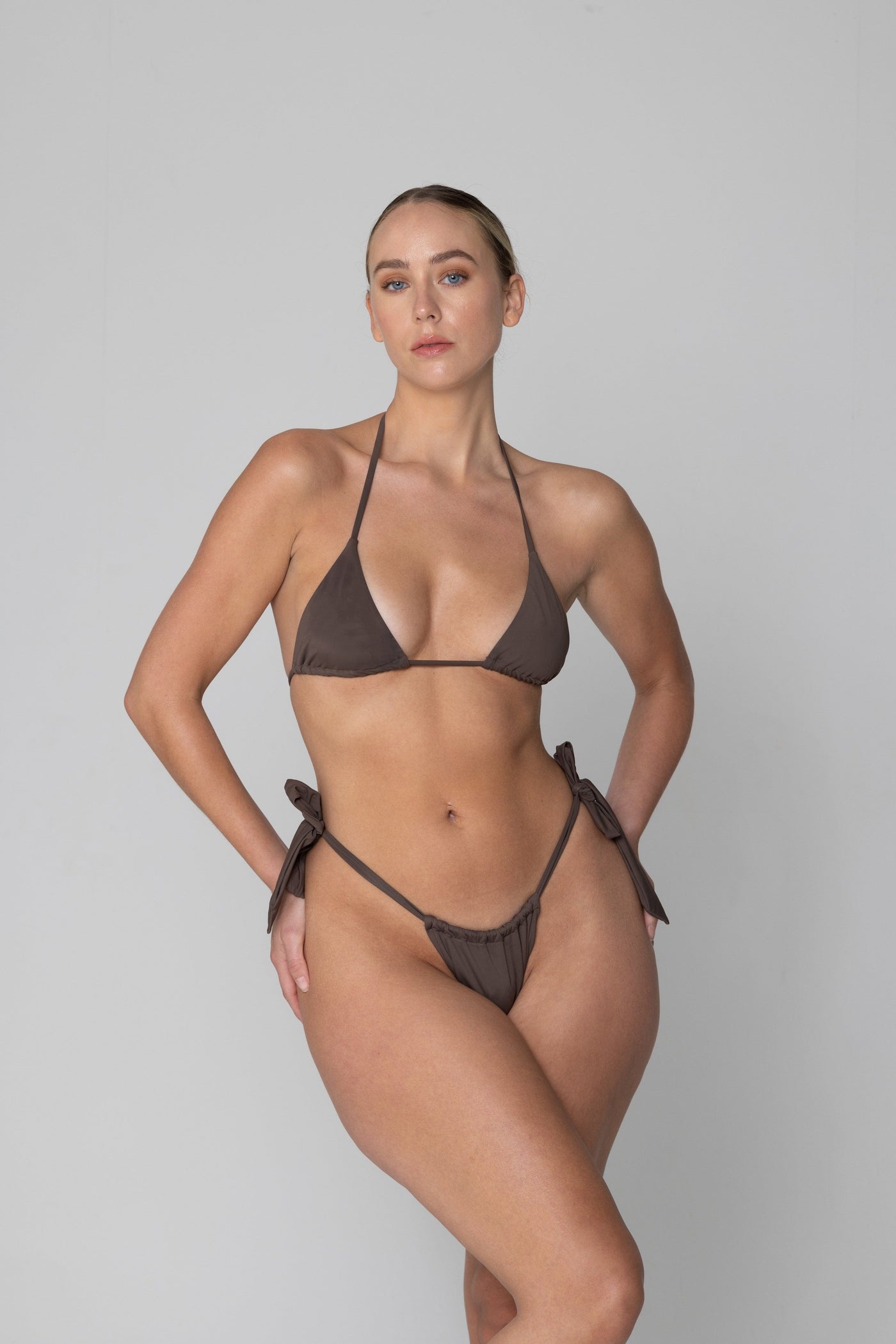 Women's Luxury Swimwear - High Waisted String Bikini Bottoms - Rona Bottoms -Charcoal Brown